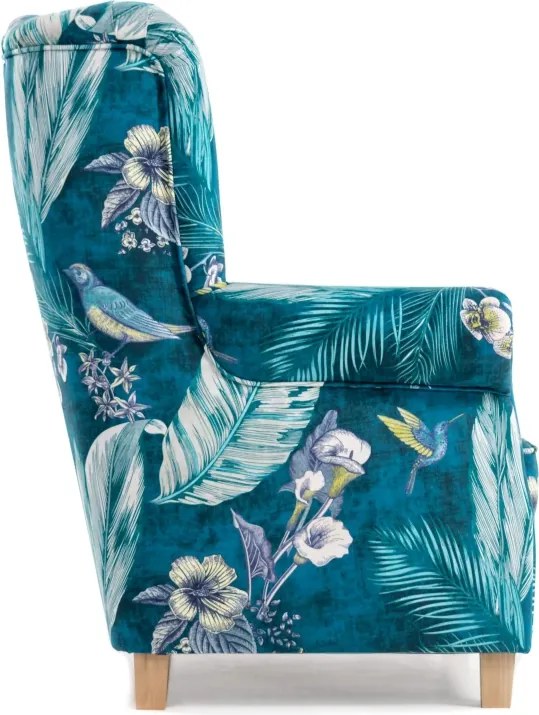 Křeslo ušák AS s taburetem - vzor Bird, modrá/přírodní (bird navy blue an 4035)