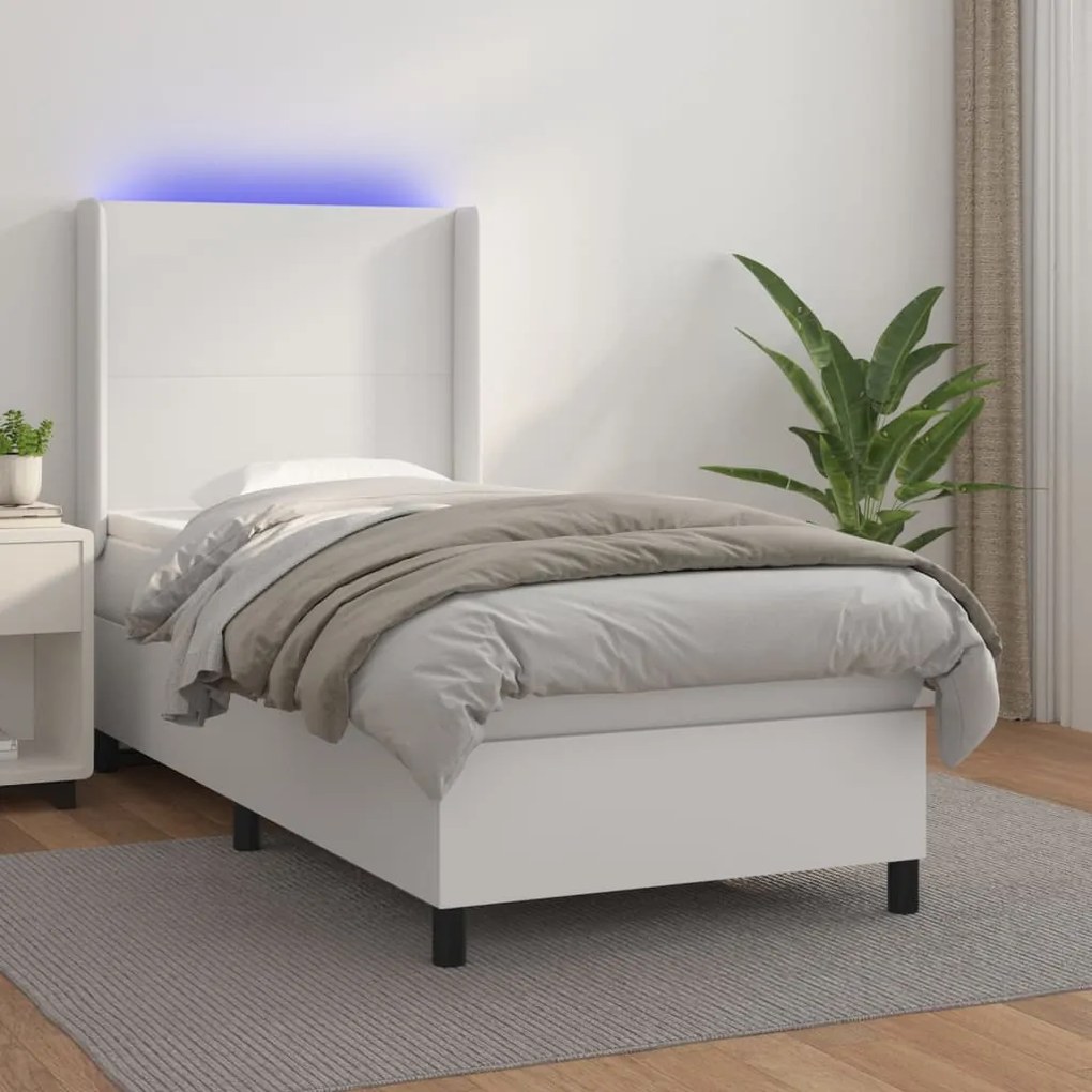 Box spring postel s matrací a LED bílá 90x190 cm umělá kůže