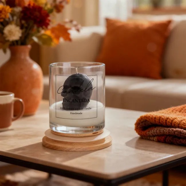 Sójová svíčka s lebkou ve skleněné nádobě černá