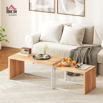 HOMCOM Sada 2 konferenčních stolků, moderní vložený stolek, kovový rám do obývacího pokoje 90x48x42 cm a 59x42x36 cm, přírodní a bílá