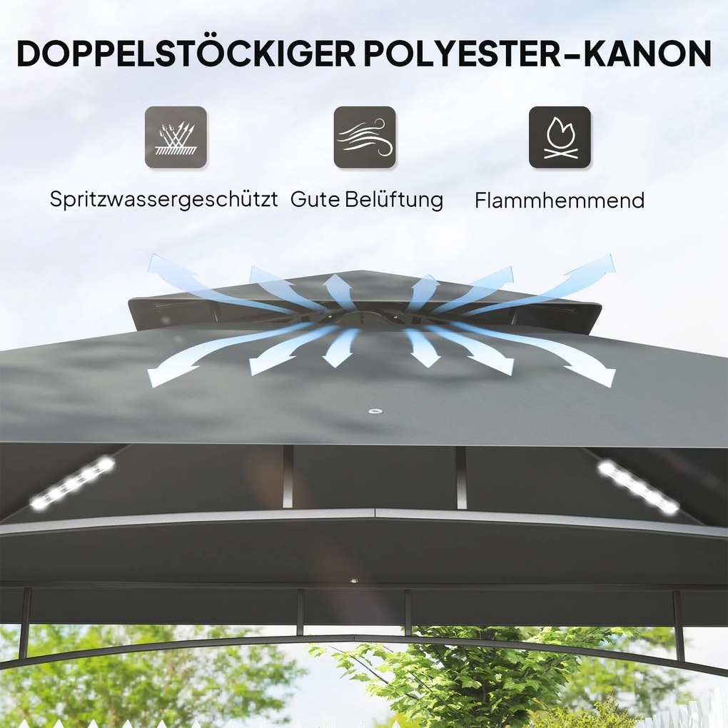 Outsunny BBQ pavilon s LED 240 x 150 x 258 cm, voděodolný a ohnivzdorný zahradní pavilon s dvouvrstvou střechou, bočními policemi, zahradní pergola s…