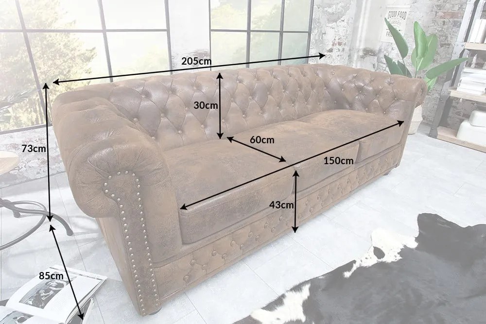 Designová 3-místná sedačka Chesterfield 205 cm černá - skladem