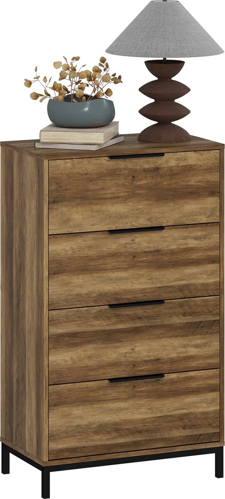 HOMCOM komoda 4 zásuvky se zajištěním proti převrácení, černé úchyty, dřevodekor, 62 × 35 × 105 cm — světlá hnědá | Aosom