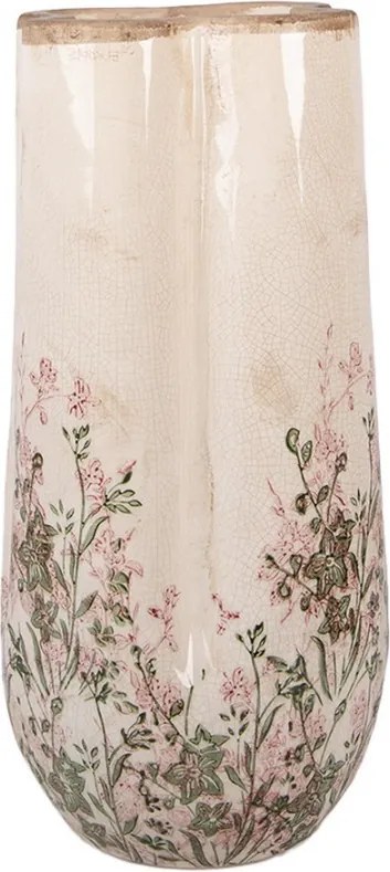 Béžová antik keramická váza s růžovo-zelenými květy L - Ø16*36 cm