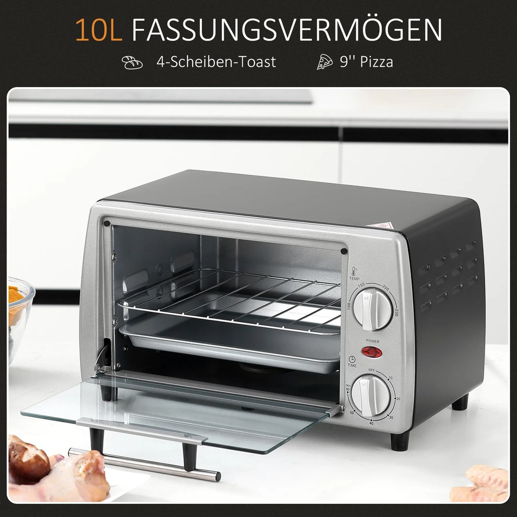 HOMCOM Elektrická trouba 10L, nastavitelná teplota a časovač, gril a pánev v balení, 750W, 36.5x26x22cm, stříbrno-černá | Aosom