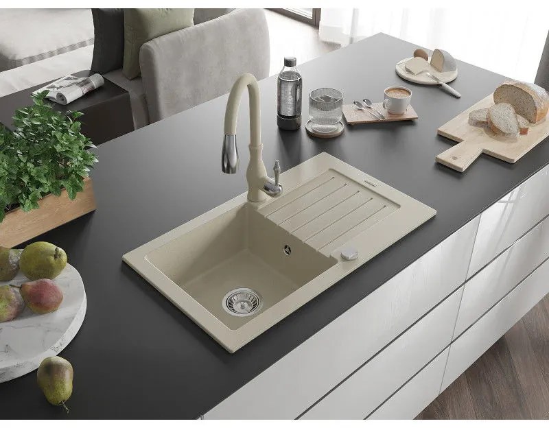 Mexen Pablo, 1-komorový granitový dřez 752x436x161 mm a dřezová baterie Savita, béžová, 6510-69-672601-69