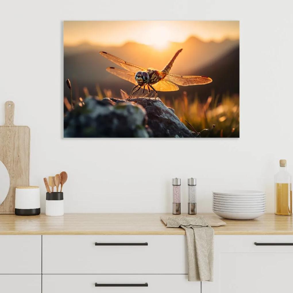 Obraz na plátně - vážka sedící na kameni při západu slunce FeelHappy.cz Velikost obrazu: 150 x 100 cm