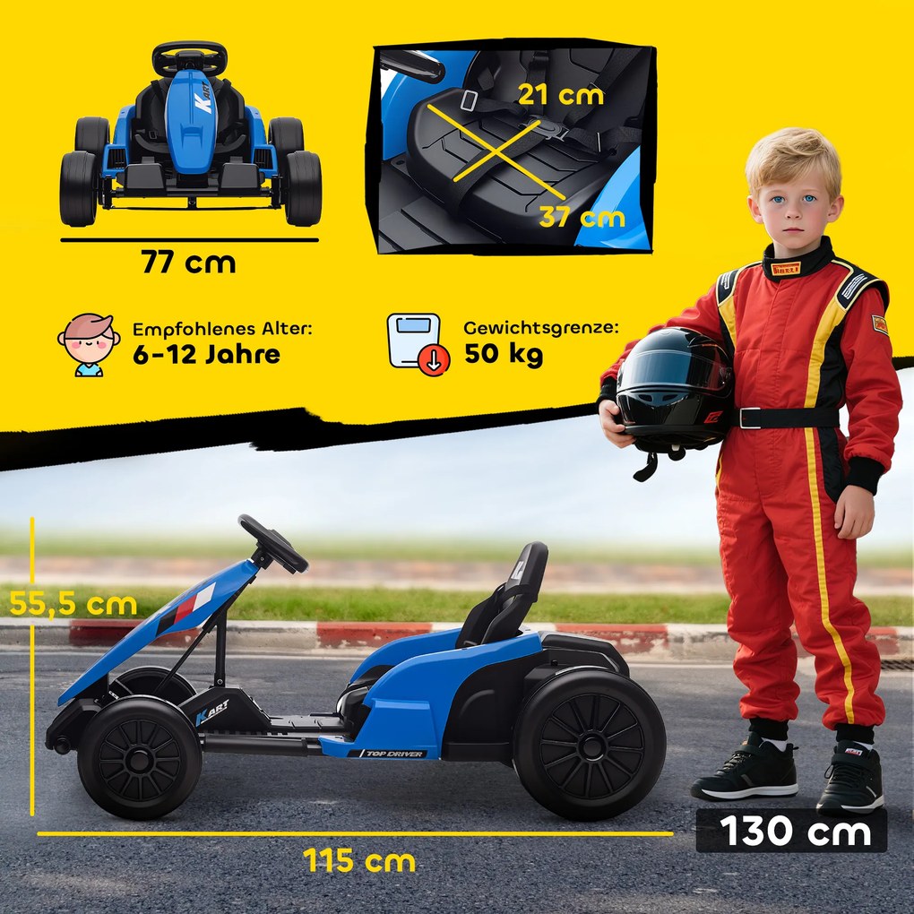 AIYAPLAY 24V elektrické Go-Kart, režim driftu, nastavitelná sedačka, 5bodový bezpečnostní pás, hudební funkce, 6–12 let, modrá
