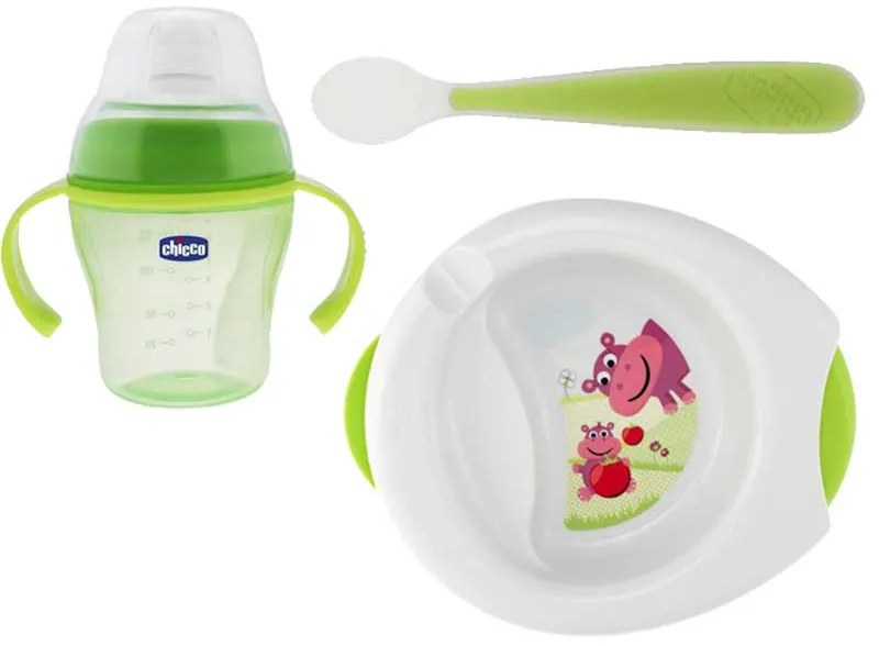 CHICCO Set jídelní - talíř, lžička, sklenka, 6m+