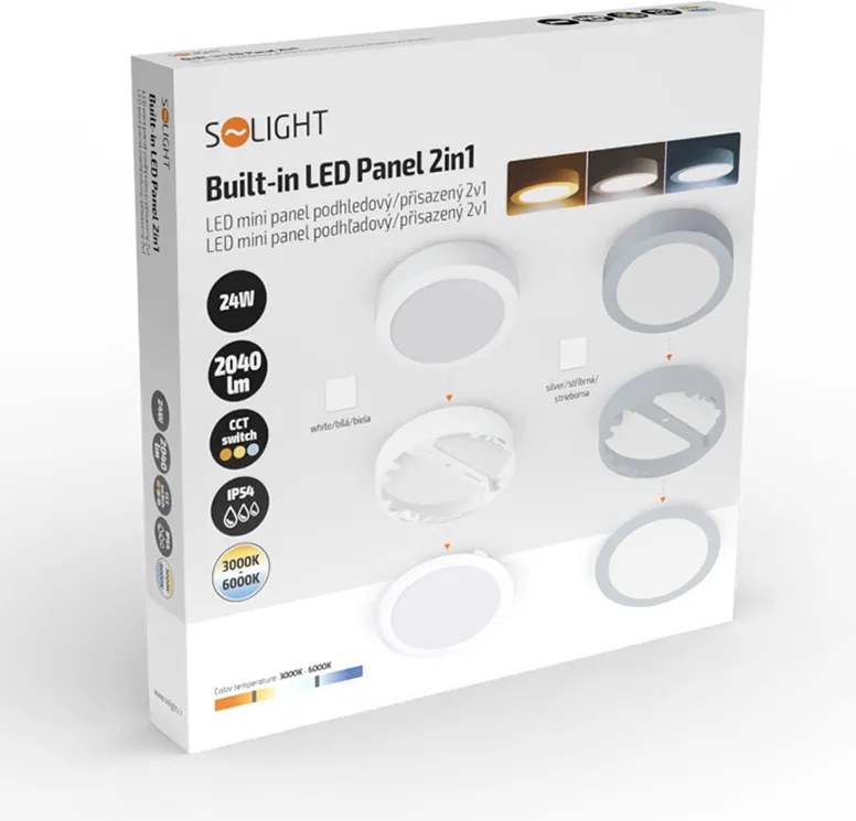 Solight LED mini panel koupelnový 2v1, 3CCT, podhledový/přisazený, 24W, 2040lm, IP54, stříbrná, kulatý