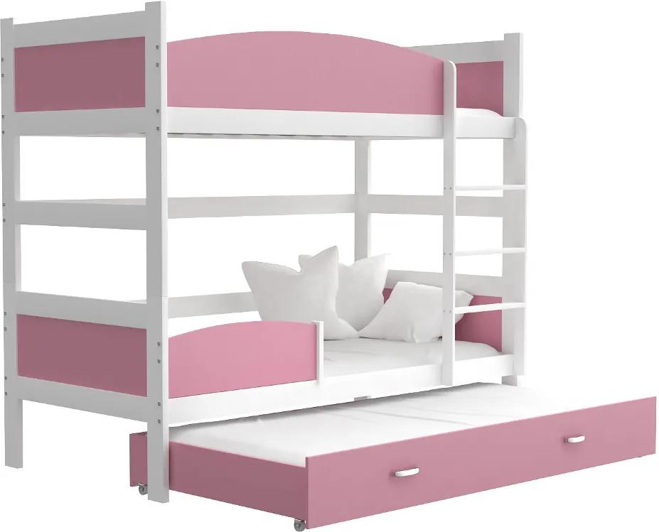 Dětská patrová postel SWING3 COLOR + rošt + matrace ZDARMA, 190x80, bílý/růžový