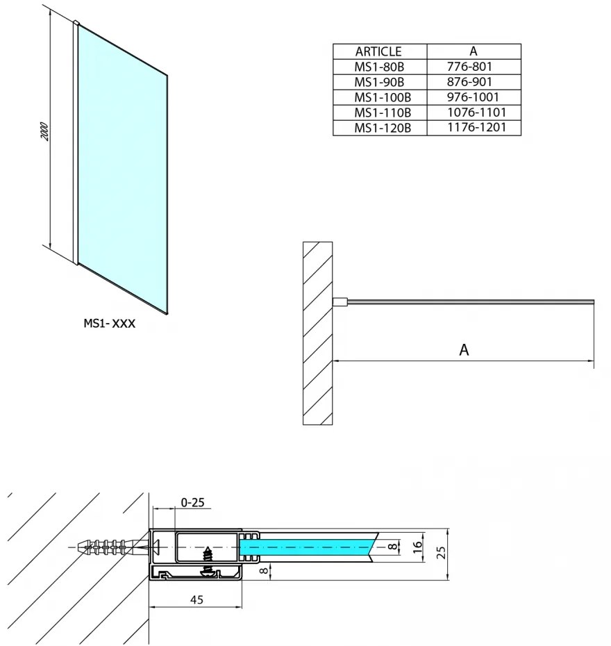 Polysan MODULAR SHOWER BLACK jednodílná zástěna pevná k instalaci na zeď, 800 mm MS1-80B