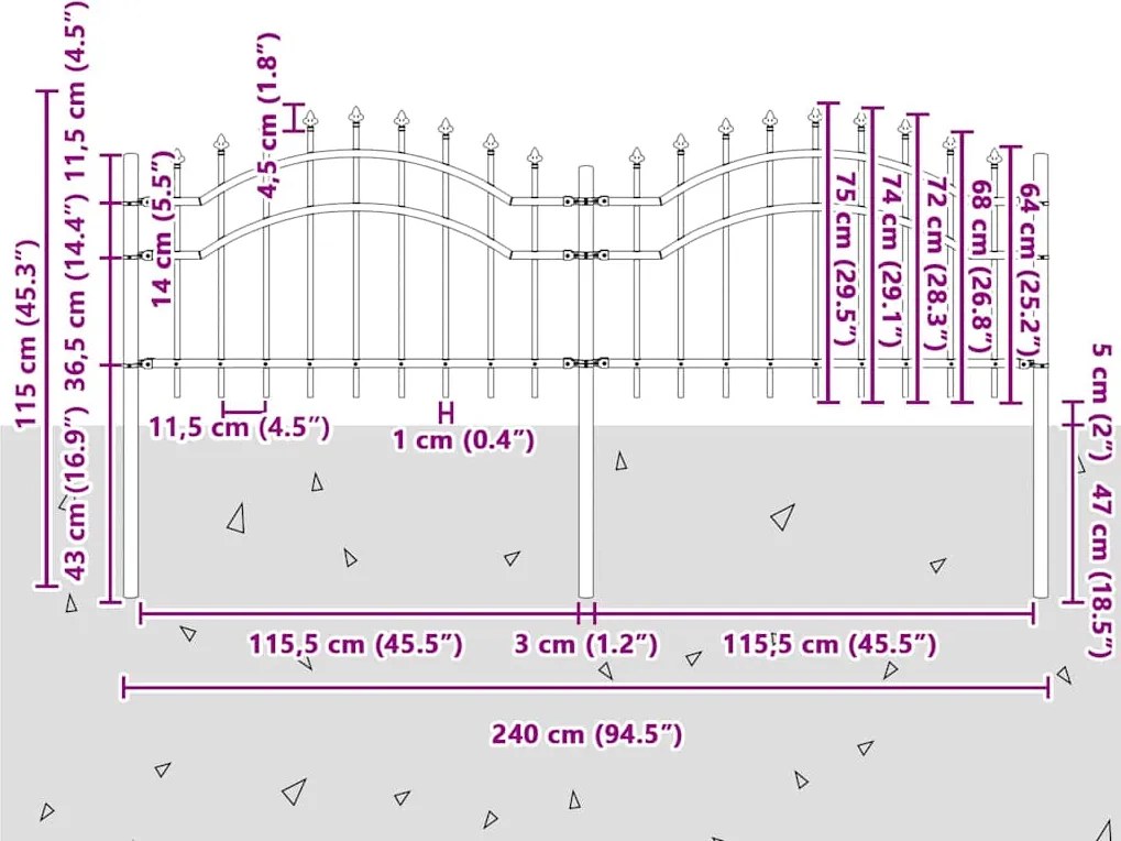 Zahradní plot Woerden s kopím nahoře černý 240 x 75 cm ocelový 151079