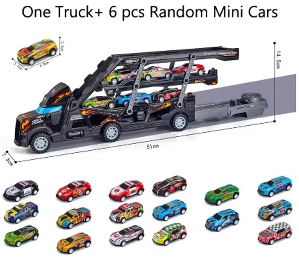 Velký rozkládací kamion (transportér) s dráhou + 6 autíček Barva: Černá