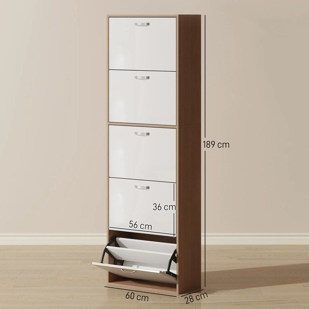 HOMCOM Úzký a úsporný obuvník na 5 pater pro maximálně 30 párů se 2 policemi na úroveň, MDF obuvník, 60x28x189 cm, bílá a hnědá