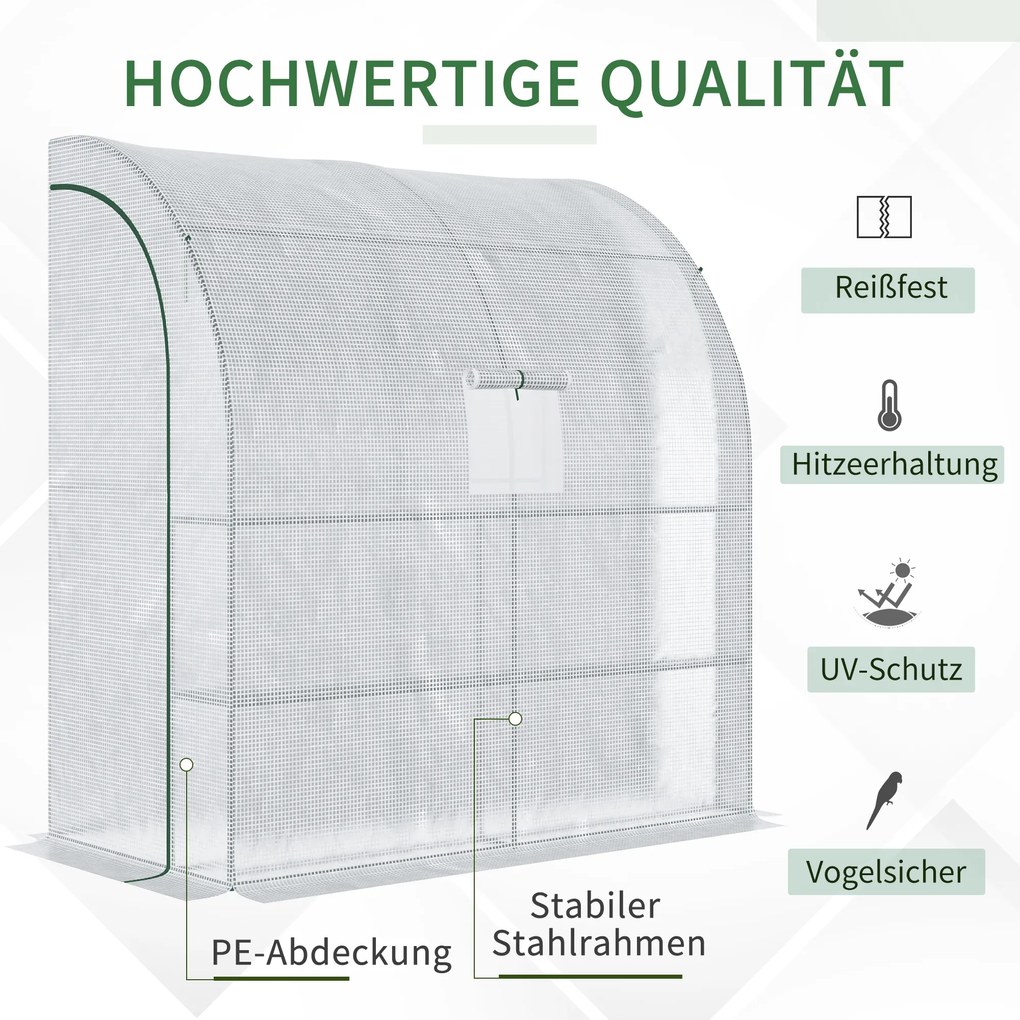Outsunny fóliový skleník na rajčata 200x100x215cm s oknem ze síťoviny a rolovacími dveřmi UV ochrana v bílé barvě pro rostliny a zahradu