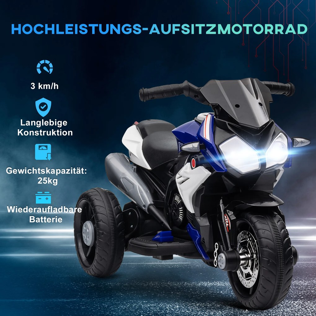 HOMCOM Dětská elektrická motorka se 3 koly pro děti od 3 let s 6V dobíjecí baterií, hudební klakson, světlomety 86x42x52 cm černá a modrá