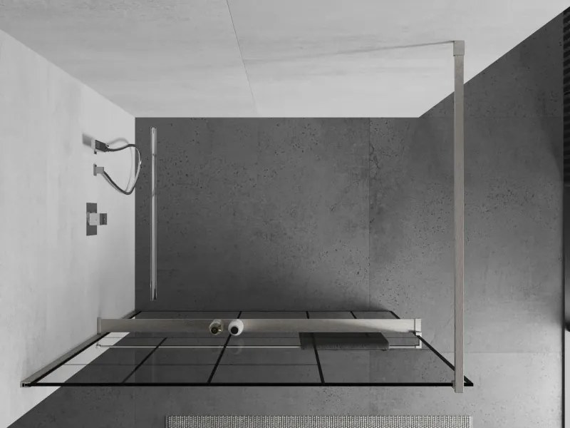 Mexen Kioto+, sprchová zástěna Walk-In s poličkou a věšákem 120 x 200 cm, 8mm čiré sklo černý vzor, broušená ocel profil, 800-120-121-97-78