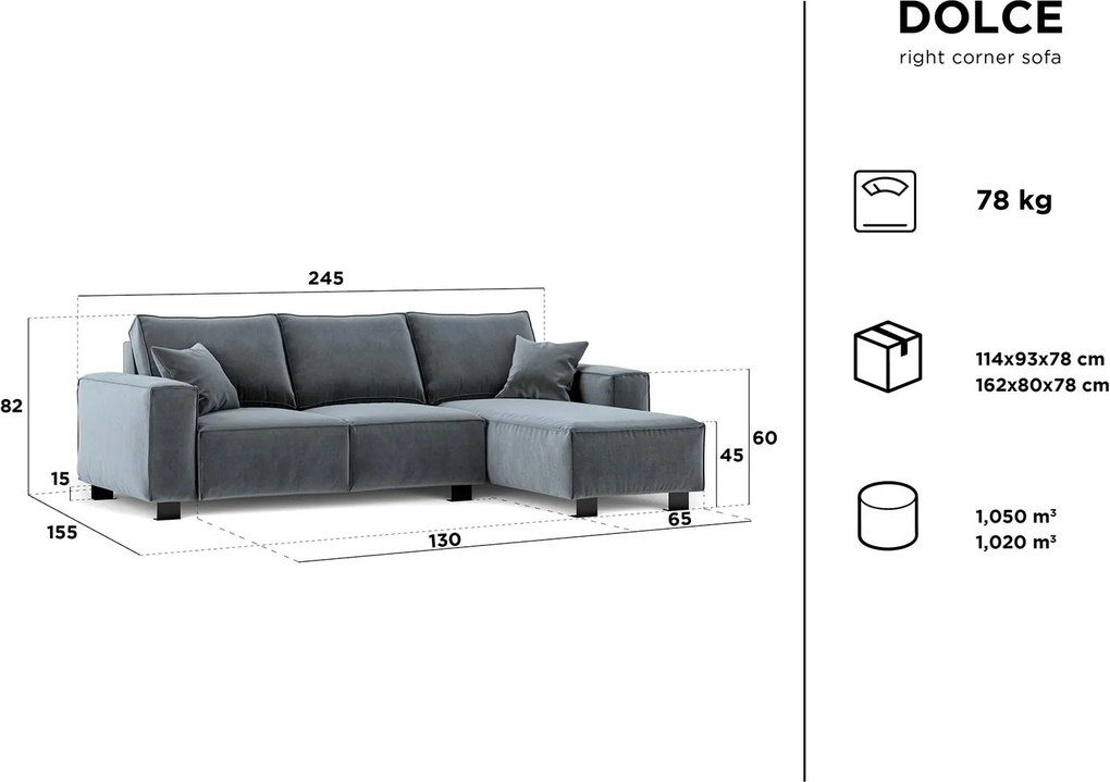 KOOKO HOME Čtyřmístná rohová sametová pohovka Dolce pravý roh