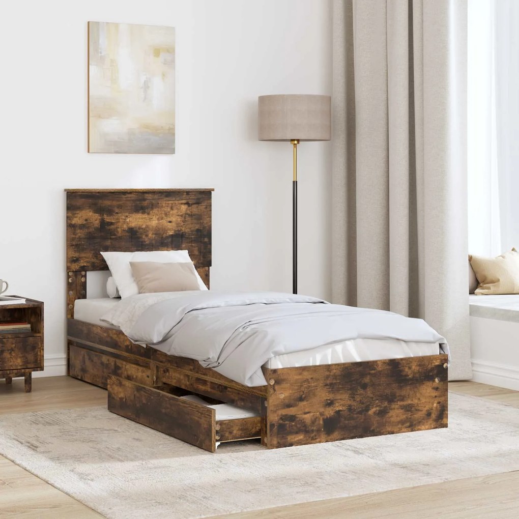Postel s úložným prostorem se zásuvkou Kouřový dub 75 x 190 cm 3410851