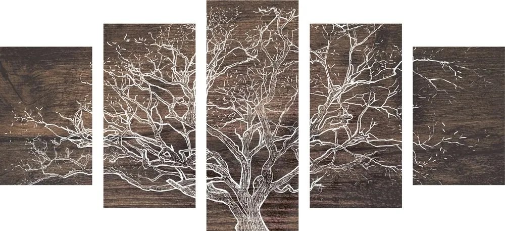 5-dílný obraz koruna stromu na dřevěném podkladu - 100x50 cm