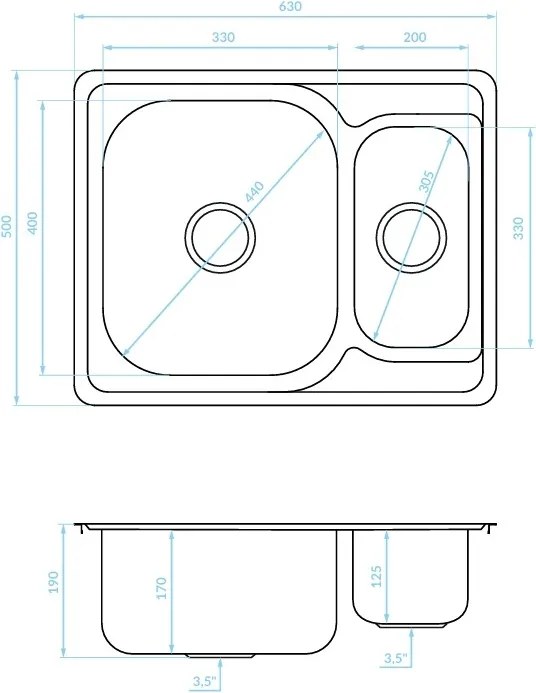 Kuchinox Junak, 1.5-komorový nerezový dřez 630x500x190 mm, ocelová, LAV-SQA_030T