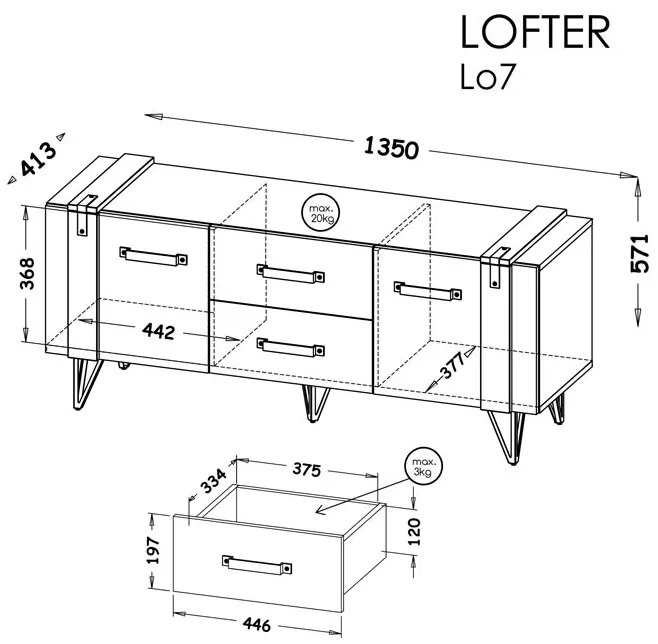 Televizní stolek LOFTER 07 beton millenium + dub wotan
