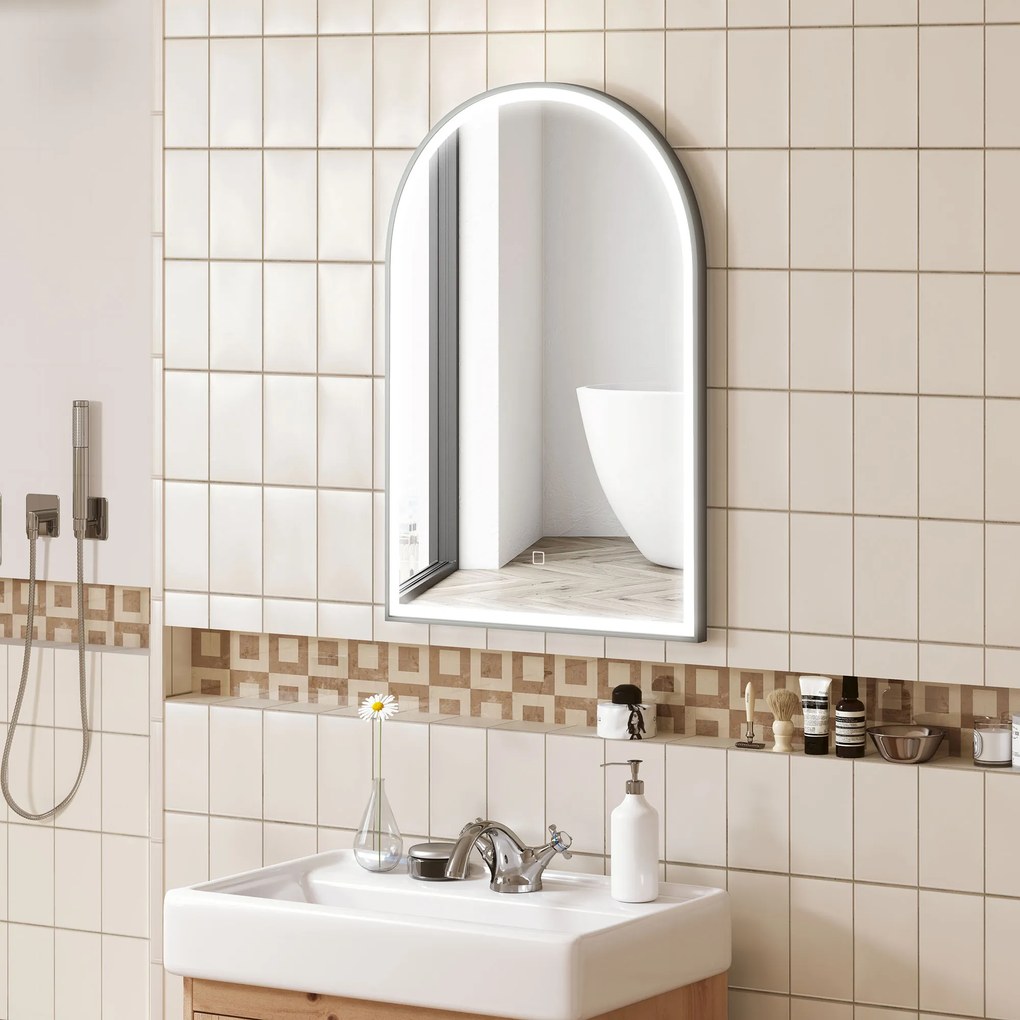 HOMCOM LED koupelnové zrcadlo 90 x 60 cm, nástěnné, 3 barvy, obloukový tvar, hliníkový rám, proti zamlžení a dotykový spínač