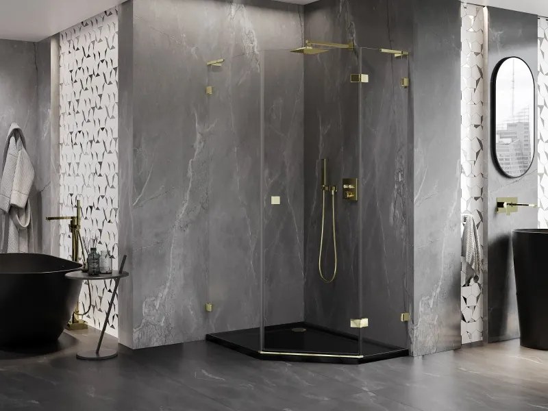 Mexen Lunar, L pravý výklopný pětiúhelníkový sprchový kout 90 x 100 cm, 8mm čiré sklo, zlatý profil, 831L-090P-100L-50-00-P