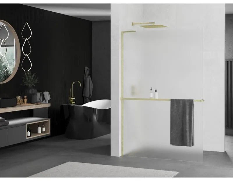 Mexen Kioto+ L, sprchová zástěna Walk-In s poličkou a ramínkem 100 x 200 cm, 8mm sklo námraza, zlatý matný profil, 800-100-123-55-30