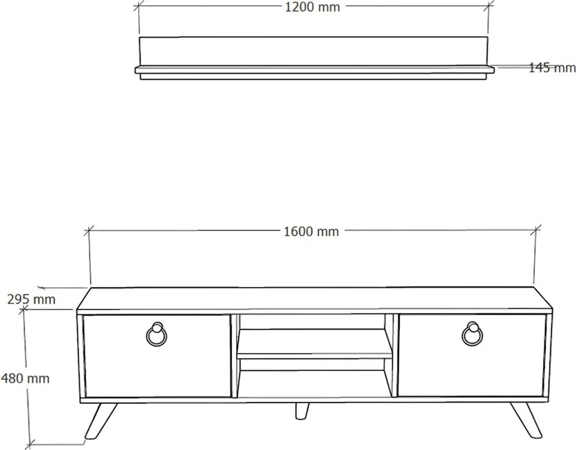 TV stolek ZEN 160 cm s nástěnnou policí, dekor ořech/černý mramor