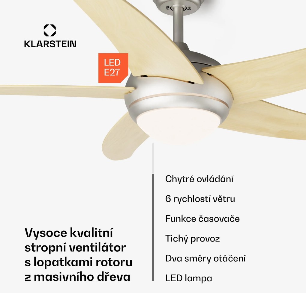 Klarstein Bolero 2 v 1 Smart, stropní ventilátor, Ø 132 cm, světlo 55 W, dálkové ovládání, ovládání přes aplikaci, dvousměrný provoz
