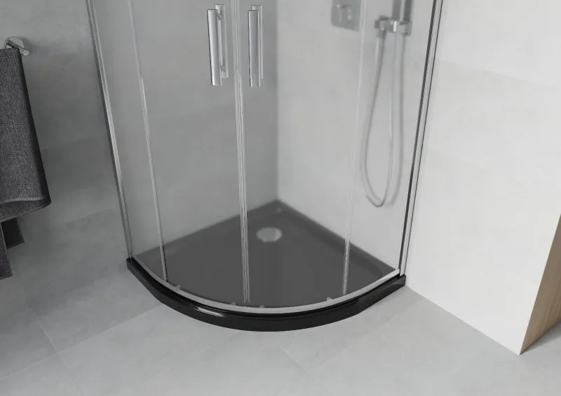 Mexen Rio, čtvrtkruhový sprchový kout s posuvnými dveřmi 90 x 90 cm, 5mm sklo námraza, chromový profil + černá sprchová vanička, 863-090-090-01-30-4170