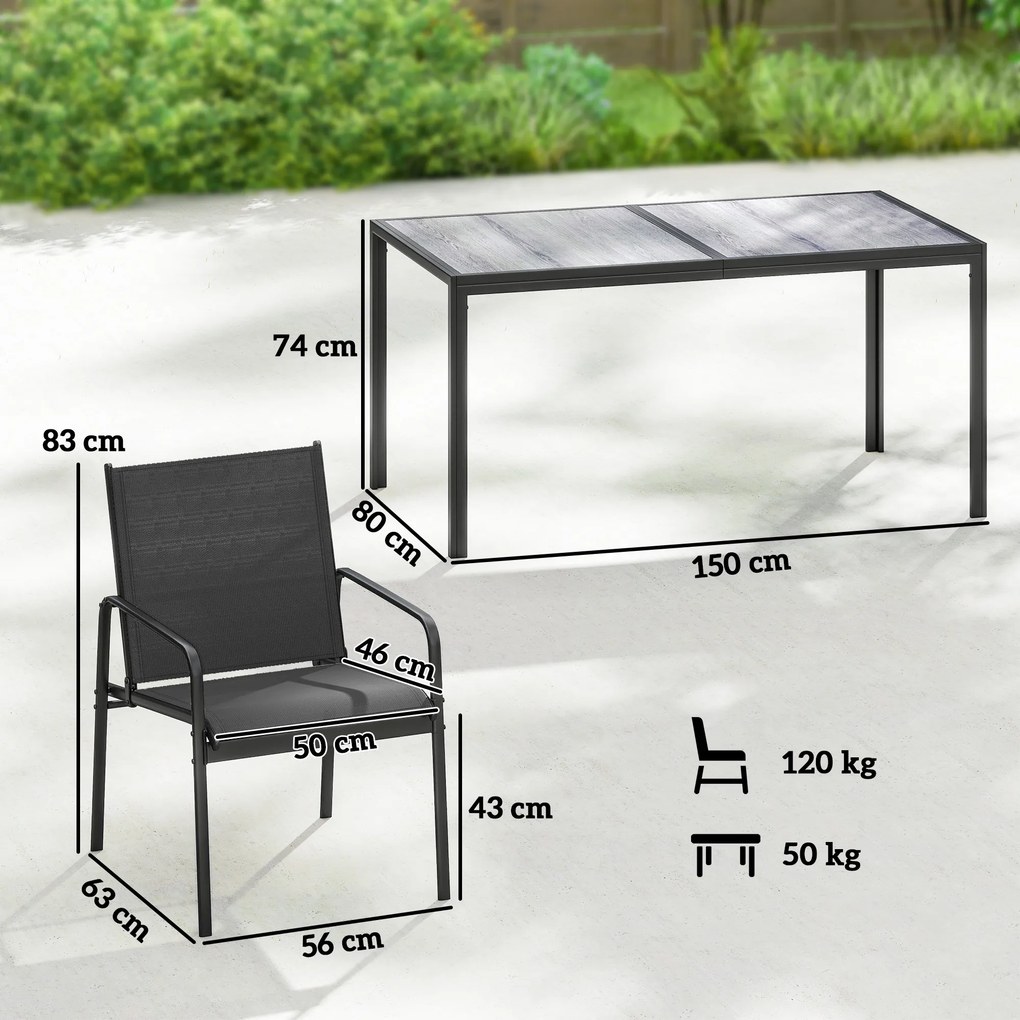 Outsunny Sada zahradního nábytku sedací souprava 150 x 80 cm stůl se 6 prodyšnými židlemi vzhled dřeva ocelový rám černý
