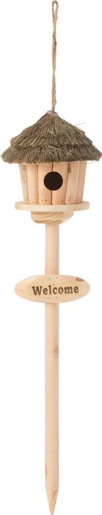 Přírodní dřevěná ptáčí budka na stojanu Welcome – 17*17*72 cm