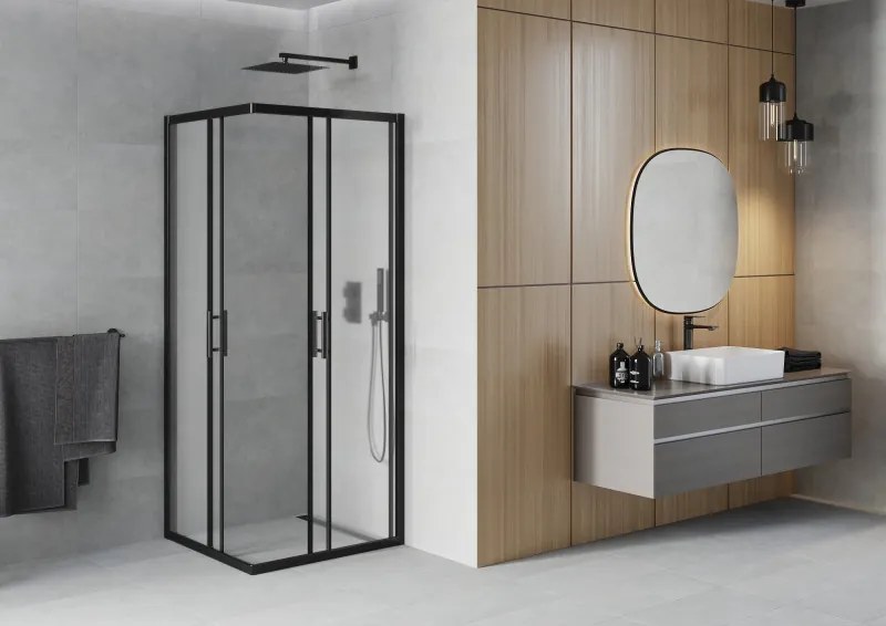 Mexen Rio, čtvercový sprchový kout s posuvnými dveřmi 70 (dveře) x 70 (dveře) x 190 cm, 5mm sklo námraza, černý profil, 860-070-070-70-30