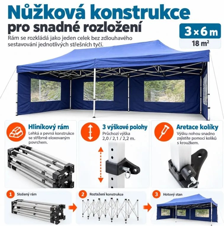 Nůžkový párty stan 3 × 6 m s bočními stěnami, modrý