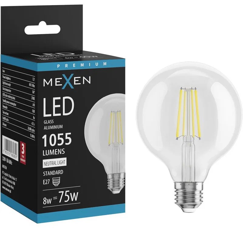 Mexen Vintis LED žárovka E27, G95, 8W, Neutrální - 4000K, 1055 lm, čirá - L157-E27-0840-00