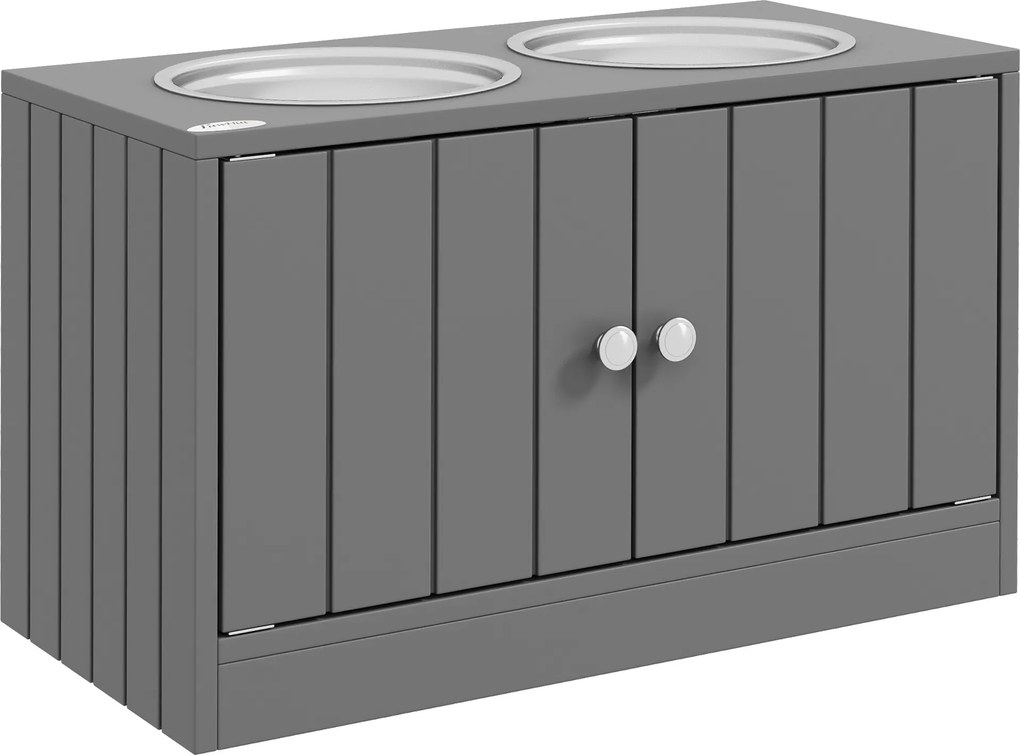 PawHut Vyvýšená krmná stanice se 2 nerezovými miskami a úložným prostorem o objemu 44 l, magnetická dvířka, pro velké psy, šedá barva