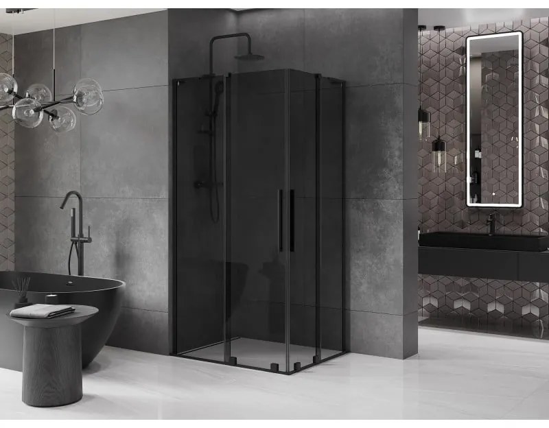 Mexen Velar L Duo, sprchový kout s posuvnými dveřmi 100 x 90 cm, 8mm šedé sklo, černá matná, 871-100-090-02-43-70