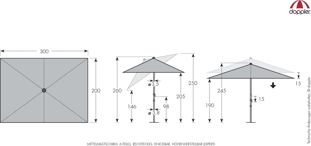 Doppler myZone 300 x 200 cm - slunečník s automatickým naklápěním klikou - Rozbalené zboží (S329)