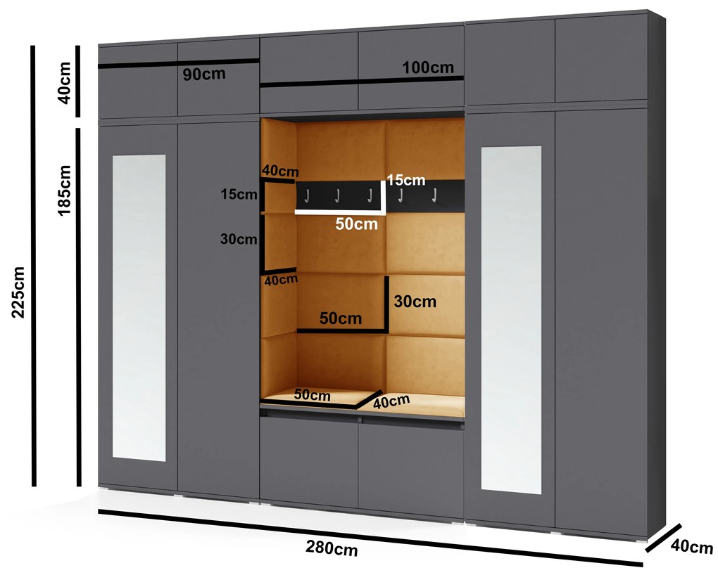 Eka Předsíňová stěna s čalouněnými panely Trinity 17 - Grafit / Tmavá hnědá 2308