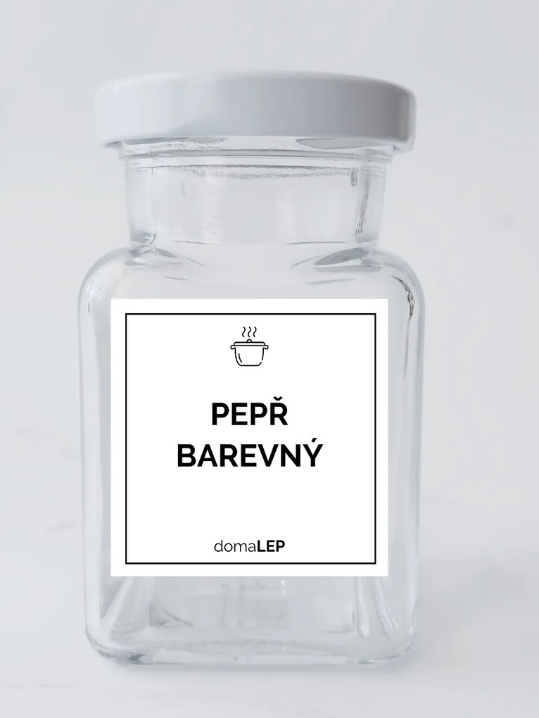 Samolepka na kořenky PEPŘ BAREVNÝ bílá 5 × 5 cm tučné písmo