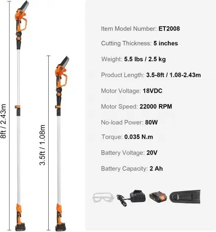 2-v-1 akumulátorová tyčová pila a mini řetězová pila, 20 V