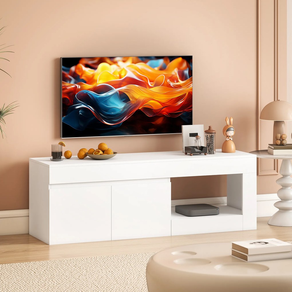 HOMCOM Moderní TV komoda do obývacího pokoje se 2 dveřmi, otevřeným oddílem a úchyty, pro televizory až do 60 palců, 140 x 40 x 48 cm, bílá
