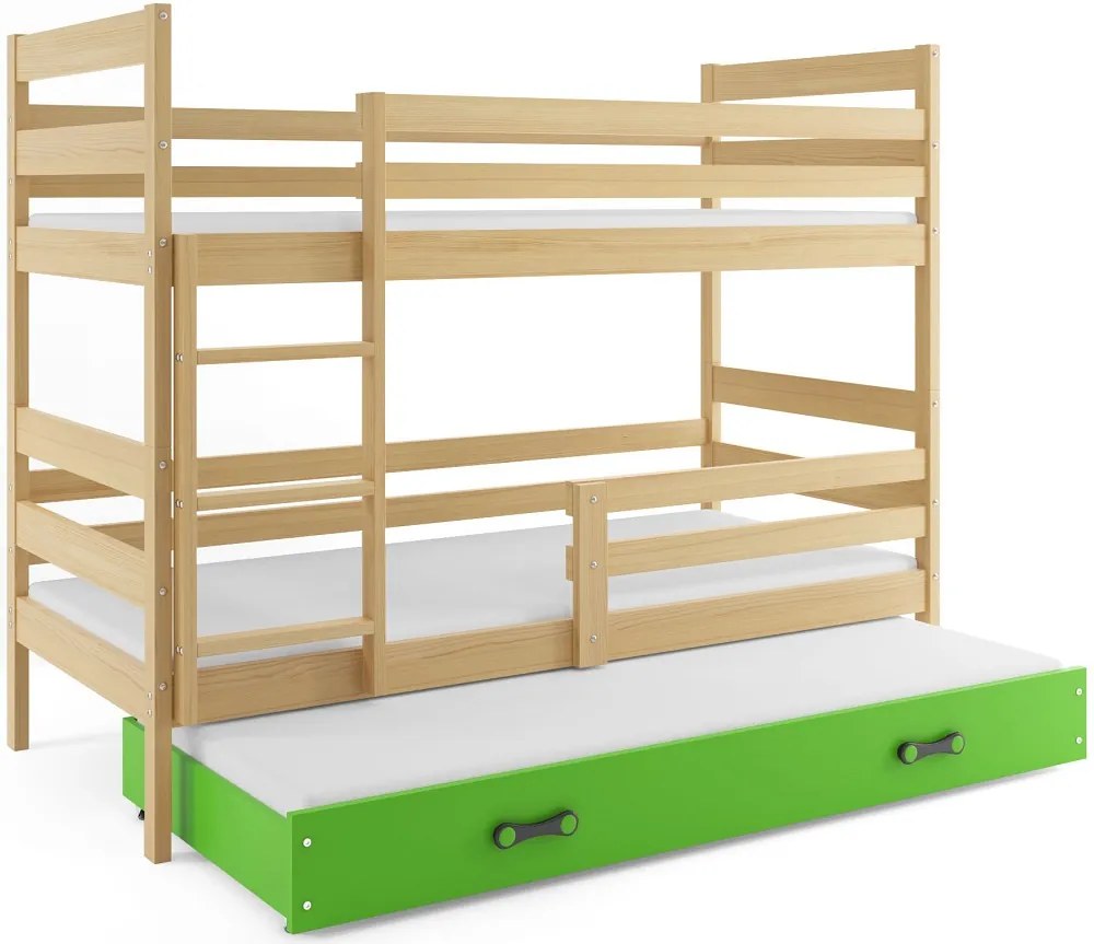 Poschoďová postel Erik pro 3 děti - přírodní/zelená