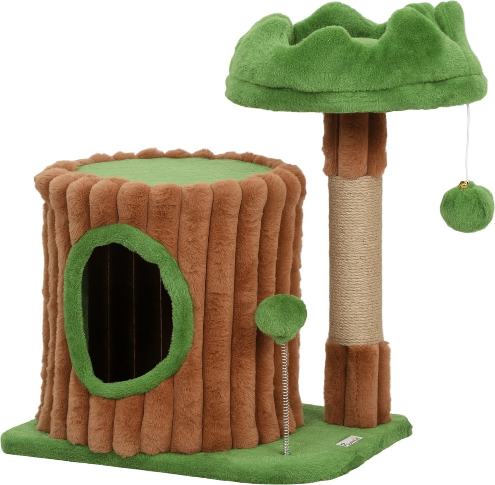 PawHut Škrabadlo 53 cm vysoké, kočičí strom s jeskyní, design kmene stromu, jutové stromy, 2 míčky pro 1-2 kočky do 5 kg, hnědo+zelené