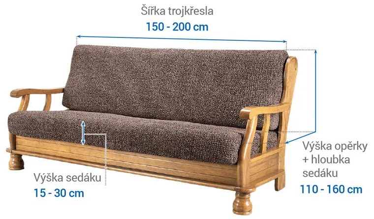 Bielastické potahy VITTORIA hnědá trojkřeslo s dřevěnými rukojeťmi (š. 150 - 200 cm)