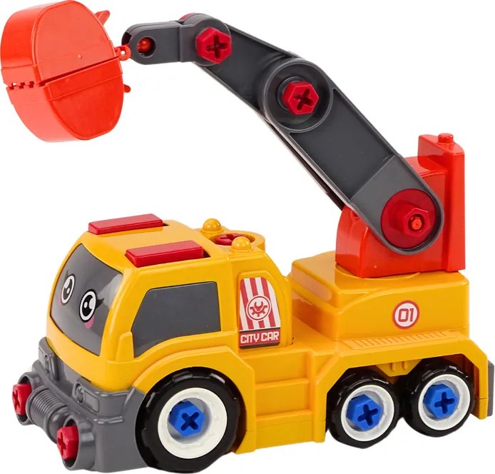LEAN Toys Nákladní auto s jeřábem v kresleném stylu na rozšroubování – DIY, oranžové