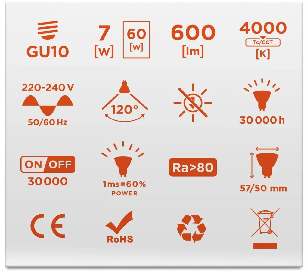 BERGE LED žárovka - GU10 - SMD 2835 - 7W - 590Lm - neutralni bílá